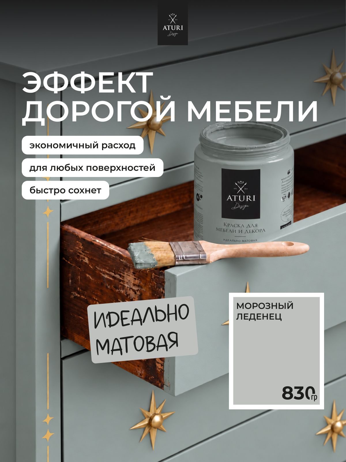 Матовая меловая краска для мебели без запаха быстросохнущая Aturi Classic 0.8 кг. Морозный леденец, серая. Краска по дереву и по металлу. Для дверей