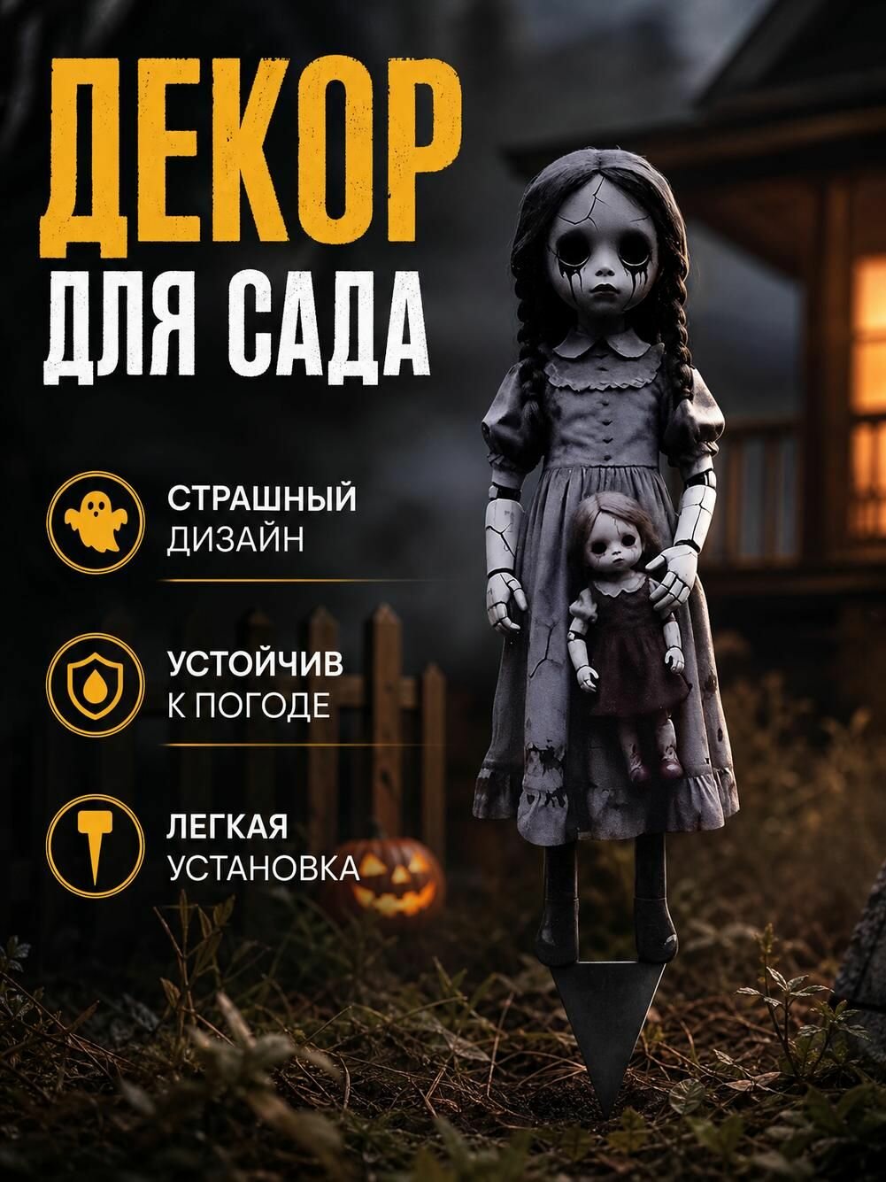 Декоративная табличка 2D напольная, страшная кукла с белым кружевным воротником и младенцем, коричневая