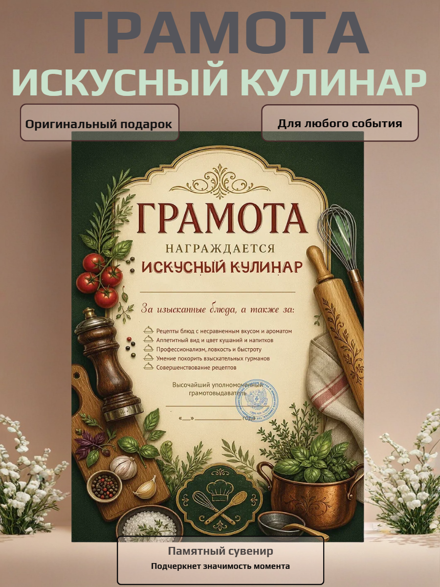 Грамота Филькина грамота "Искусный кулинар", А4, картон, длина 21см