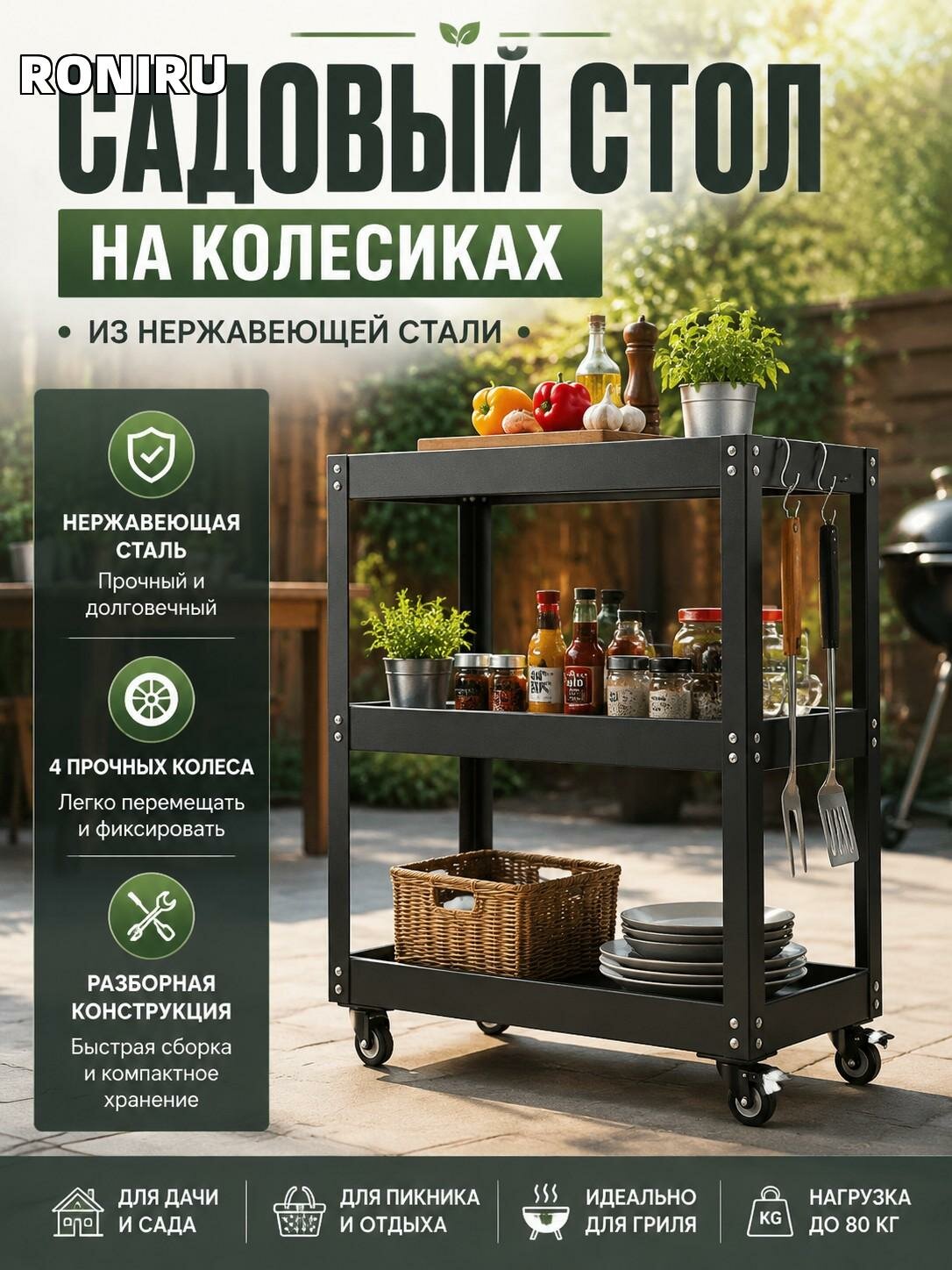 Садовый стол на колесиках из нержавеющей стали, разборный, с полками и крючками для дачи, пикника и гриля