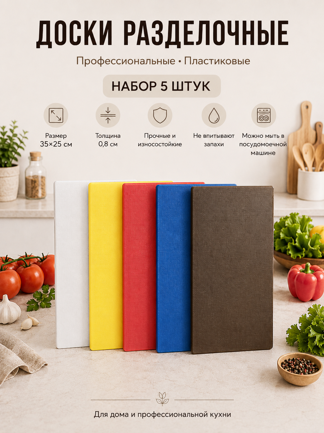 Доска разделочная пластиковая 35*25, набор 5 шт, профессиональная, универсальная, для кухни