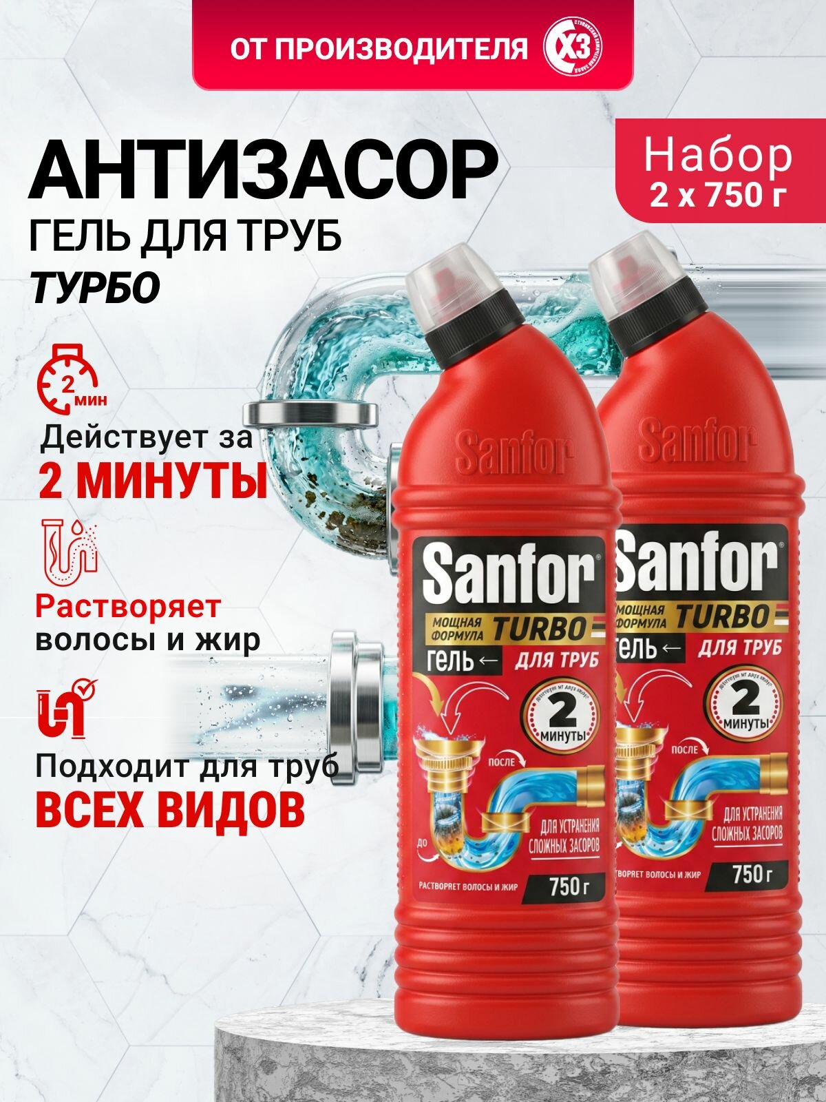 Средство от засоров труб Sanfor TURBO, Гель очиститель для прочистки труб от засоров и волос, 1500 г (2 по 750г) для канализации удаление волос большой объем