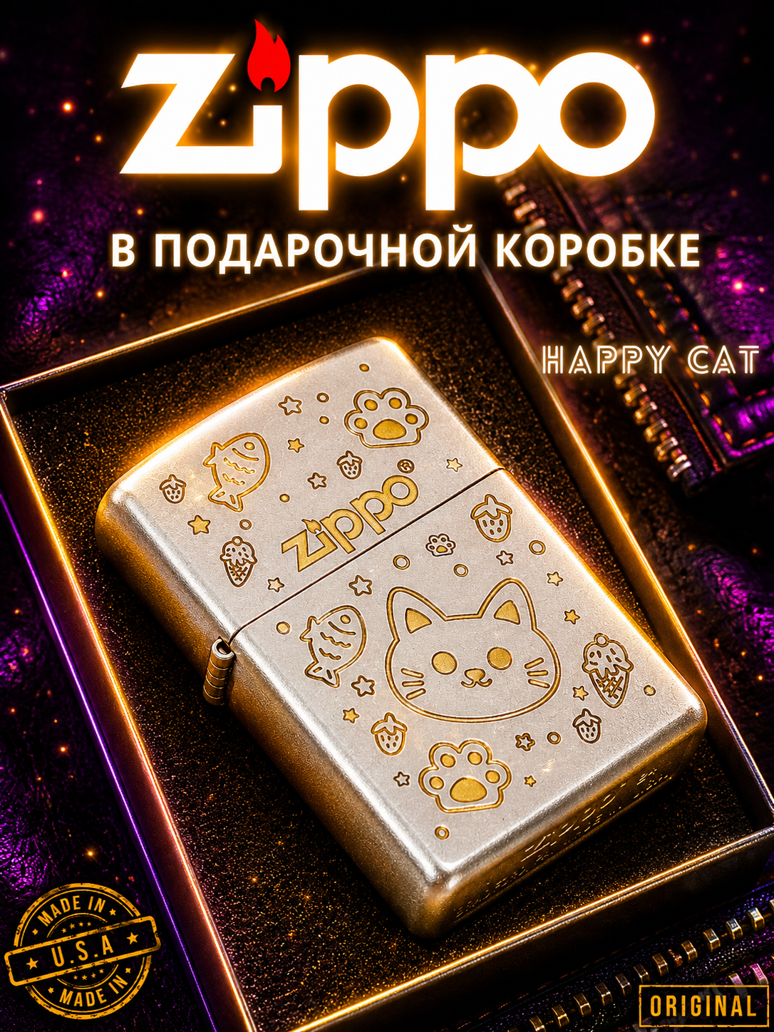 Zippo SilverCat серебристый . Подарочная коробка. Не заправленная - без топлива.