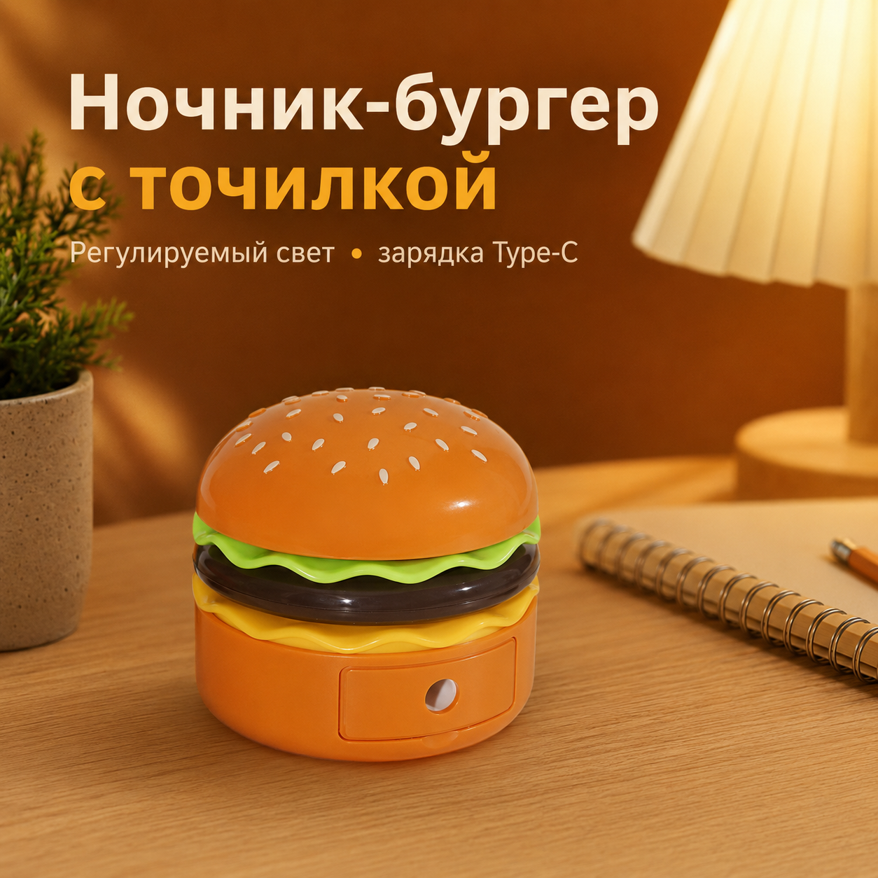Ночник-бургер с точилкой для карандашей, оранжевый, регулируемый свет, зарядка Type-C