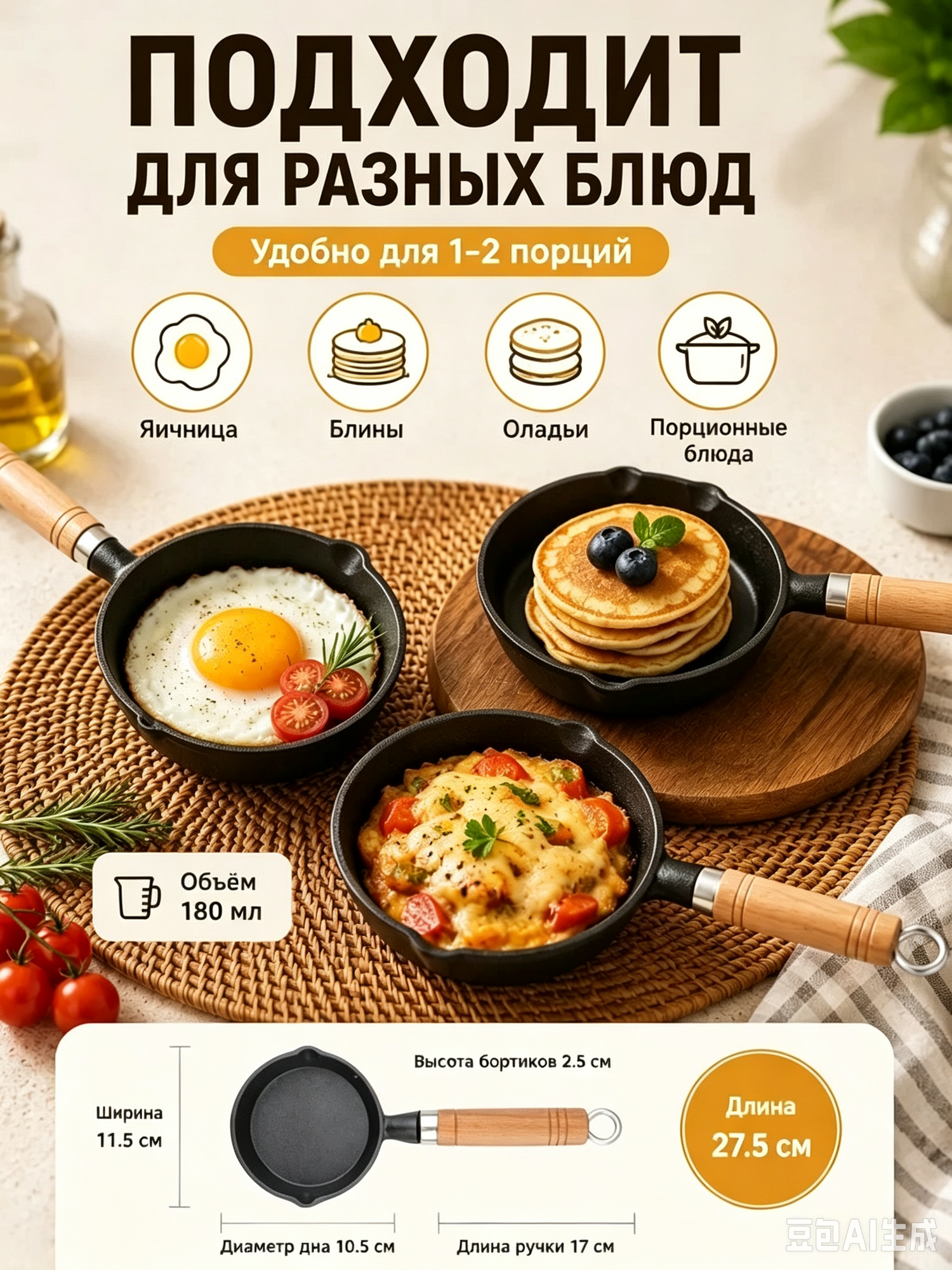 Сковорода для оладий, 10 см, без крышки, с фиксированной ручкой