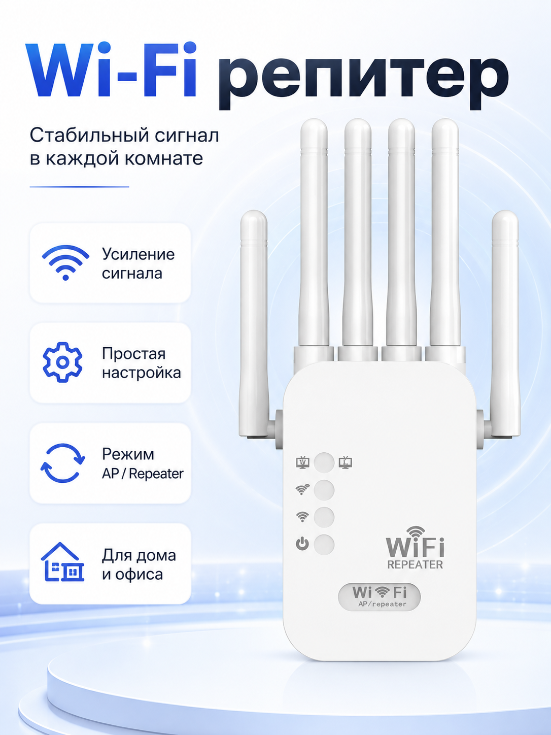 Wi-Fi репитер с 6 антеннами, усилитель сигнала, режим AP/Repeater, для дома и офиса