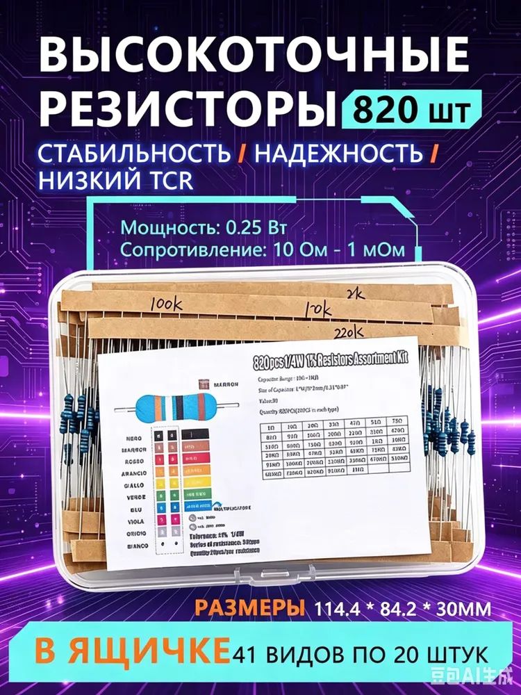 Набор резисторов 0.25вт 820шт в коробке компонентов, сопротивление 10 Ом - 1 мОм