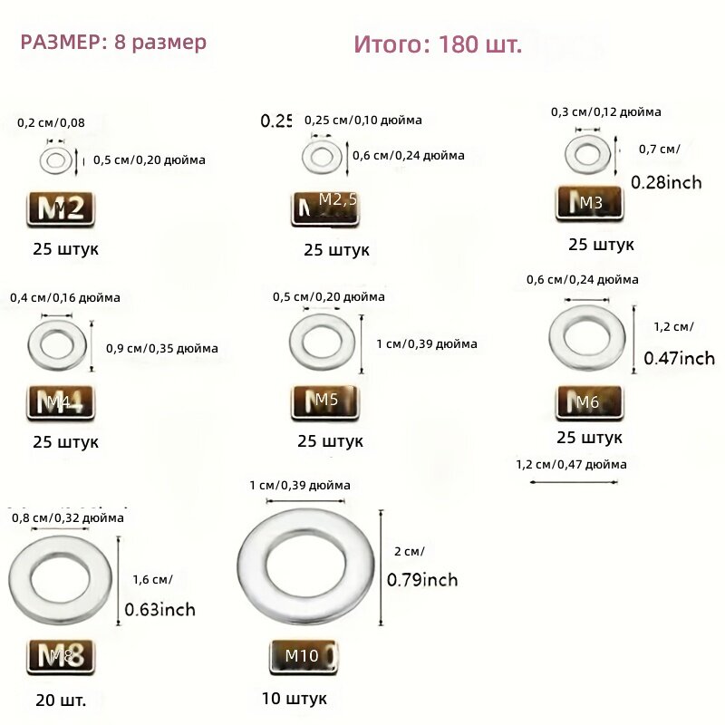 Набор плоских шайб из нержавеющей стали 304, размеры M2-M10, 180 шт.