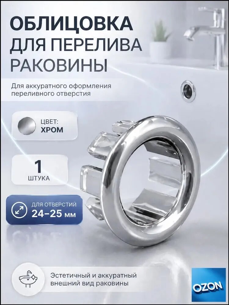 Обрамление перелива для раковины, облицовка перелива, 24 - 25мм, хром, 1шт