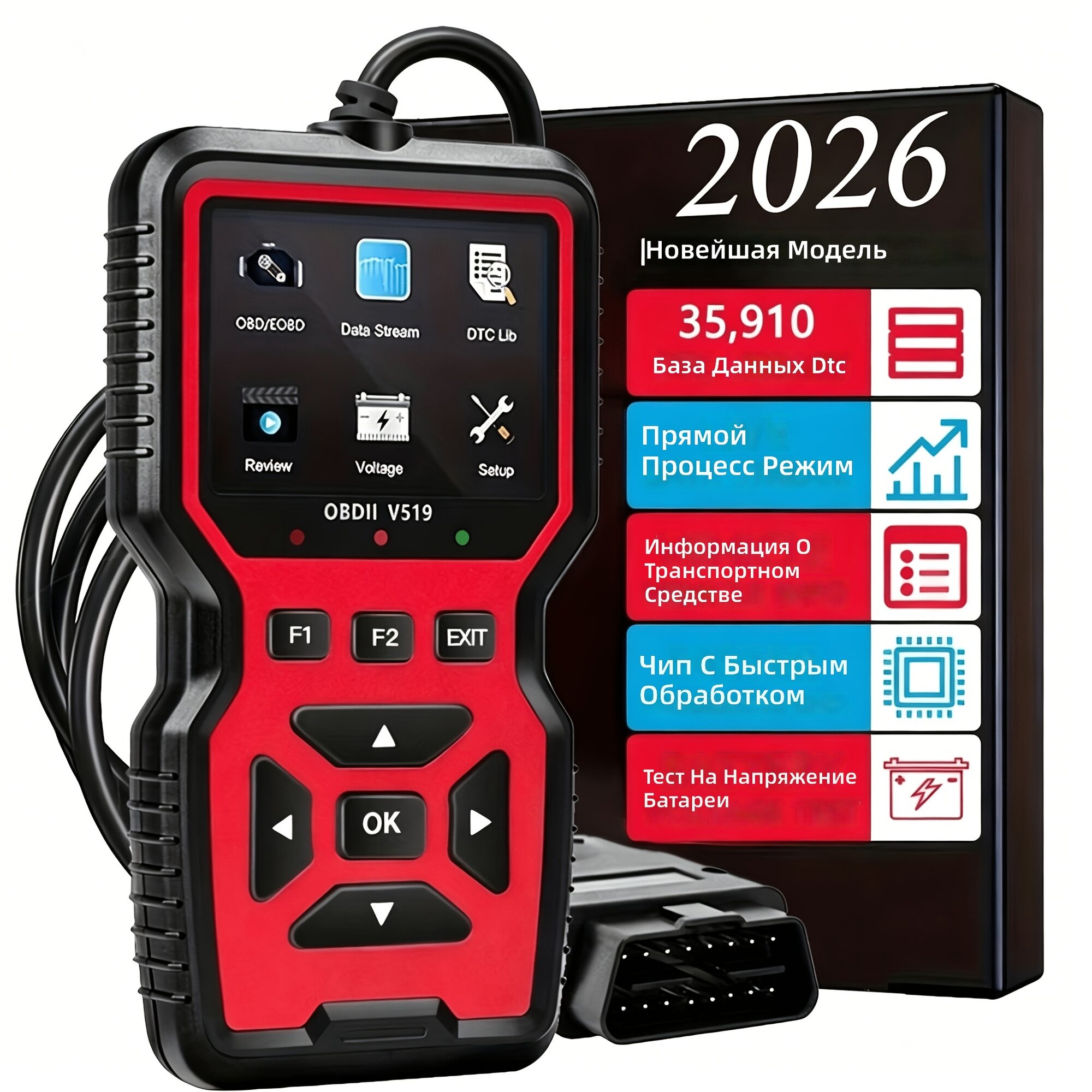 Сканер OBD2 для диагностики двигателя, считыватель кодов ошибок, сброс, поток данных, тест EVAP и O2, для всех автомобилей с 2004 года, красный