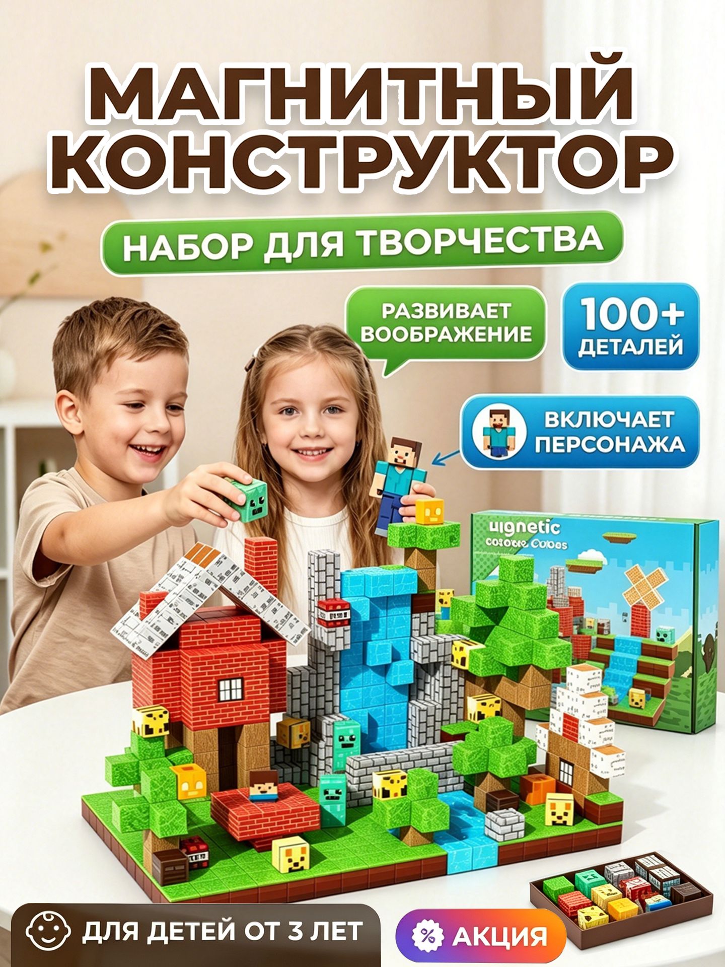 Магнитный конструктор майнкрафт, 100 деталей, Магнитные строительные блоки Minecraft конструктор детский для подарок для ребёнка