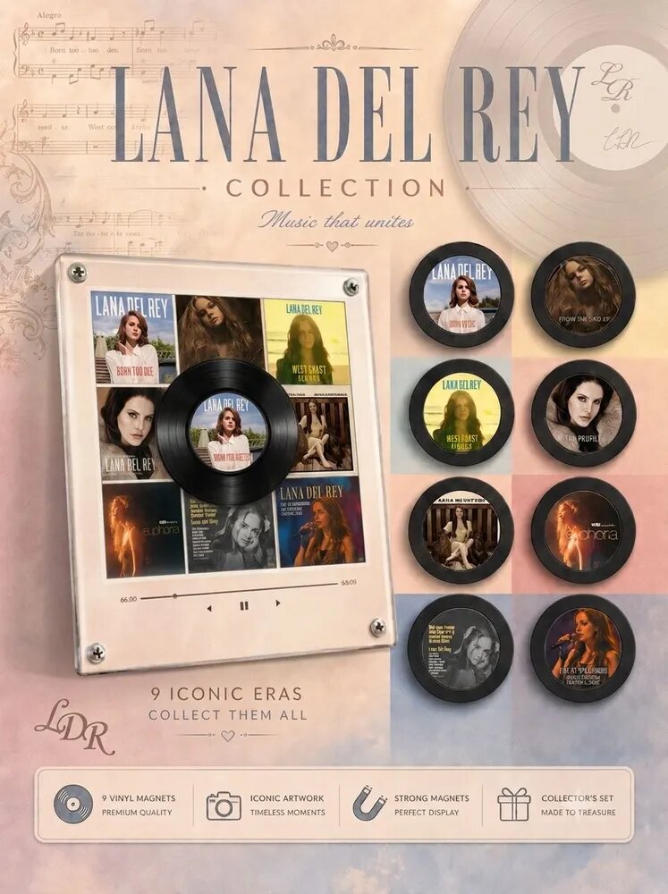 Набор магнитов в виде виниловых пластинок Lana Del Rey, коллекция из 9 штук, декор для холодильника, подарок фанатам Ланы Дель Рей