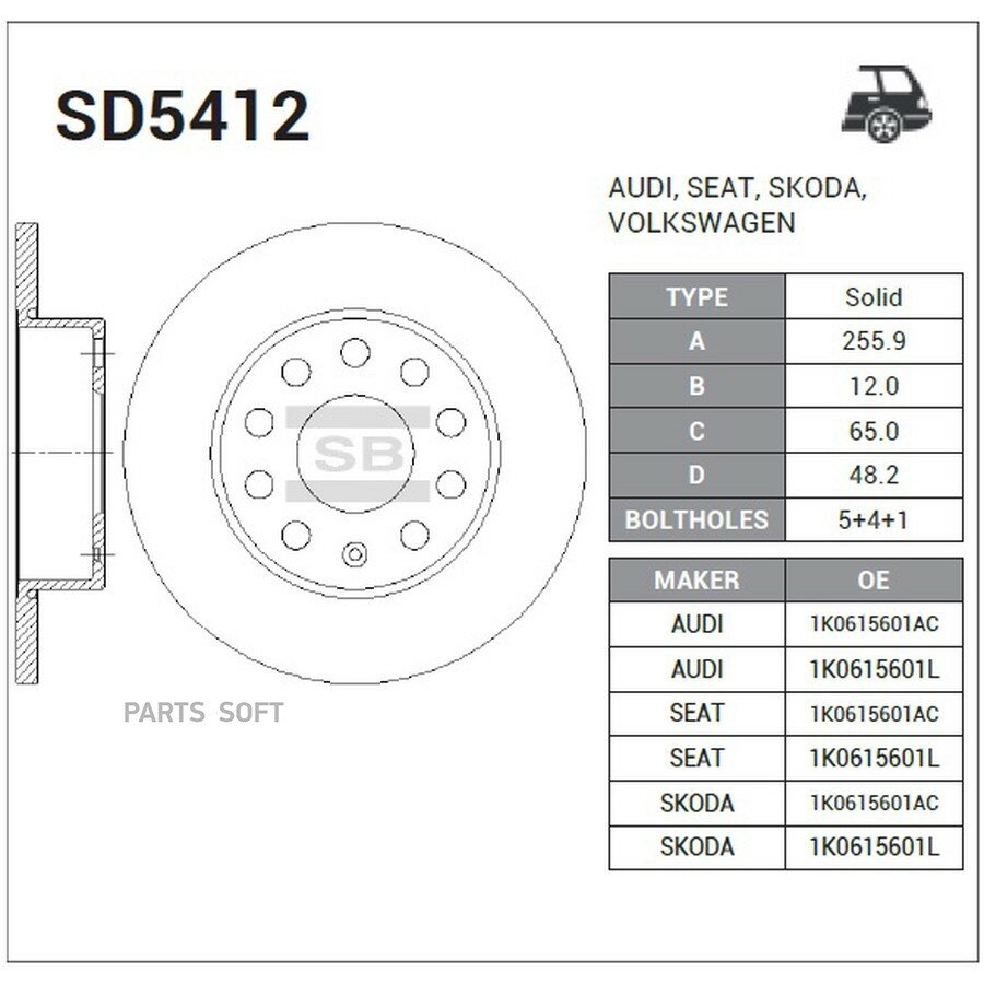 Диск тормозной (Сзади) Audi A3 03-13 / Skoda Octavia 04-13 SANGSIN BRAKE SD5412 | цена за 1 шт