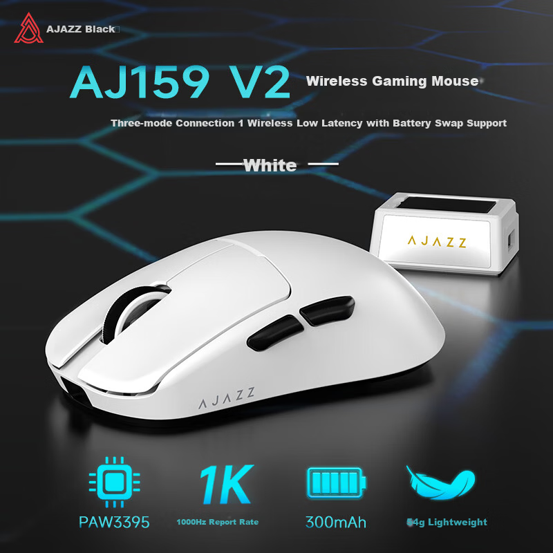 AJAZZ AJ159V2 54г легкий беспроводной игровой мышь с сенсором PAW3395 белый Цвет：54г Трехрежимный белый с зарядным