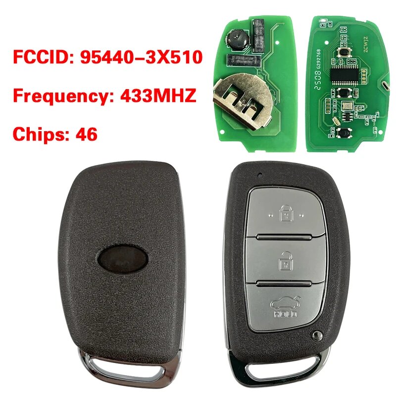 CN020001 Запасной смарт-ключ с 3 кнопками, чипом PCF7952A ID46, частотой 433 МГц, для Hyundai Elantra 2014+ (FCC DVI-MDFGE03, 95440-3X510)