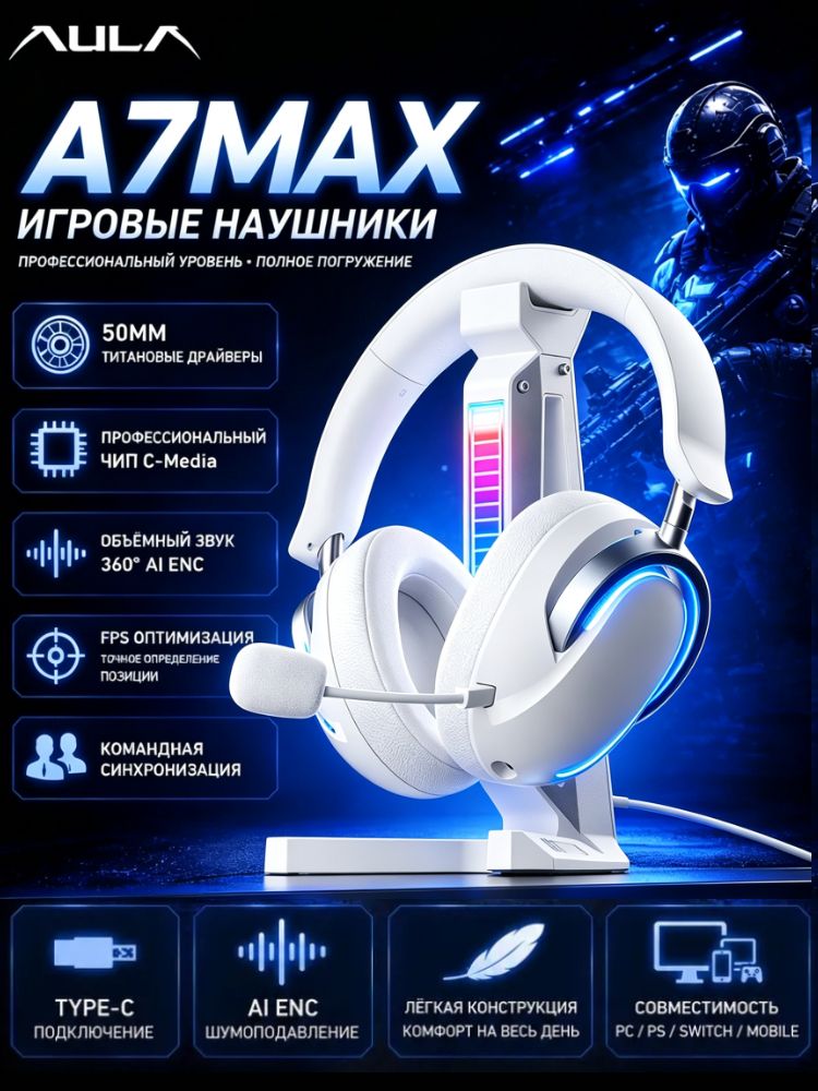 AULA A7 MAX Игровая гарнитура, гарнитура FPS, проводное и беспроводное двухрежимное подключение