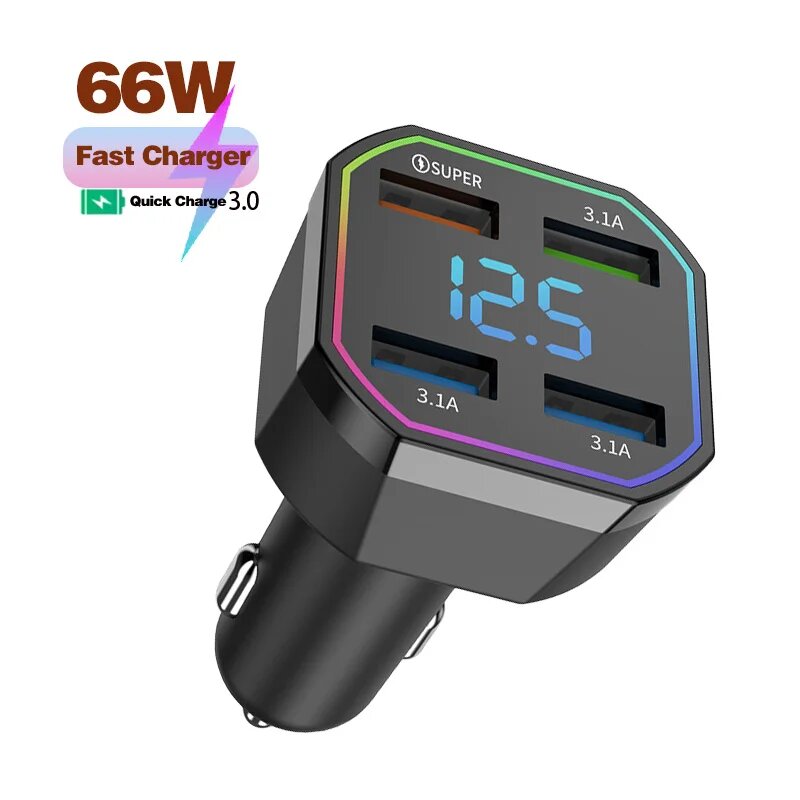 Автомобильное зарядное устройство 66W с 4 USB-портами, цифровым дисплеем напряжения в 195 SUPER