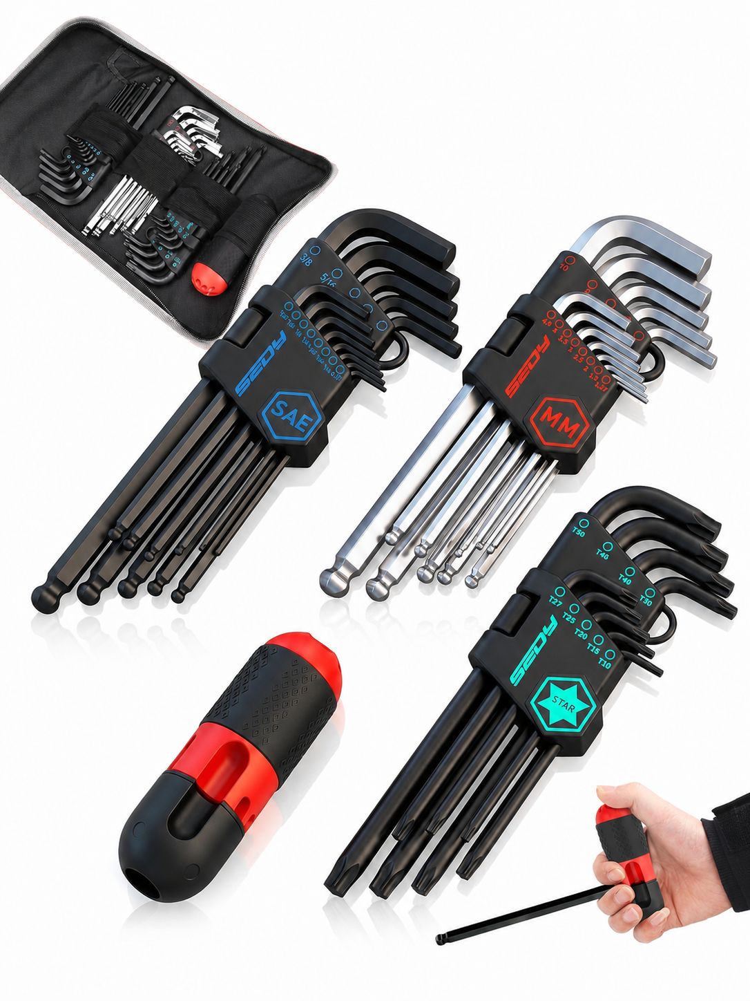 Набор шестигранных и Torx ключей 36 шт, SAE и метрические, шаровый наконечник, удлинённые ключи