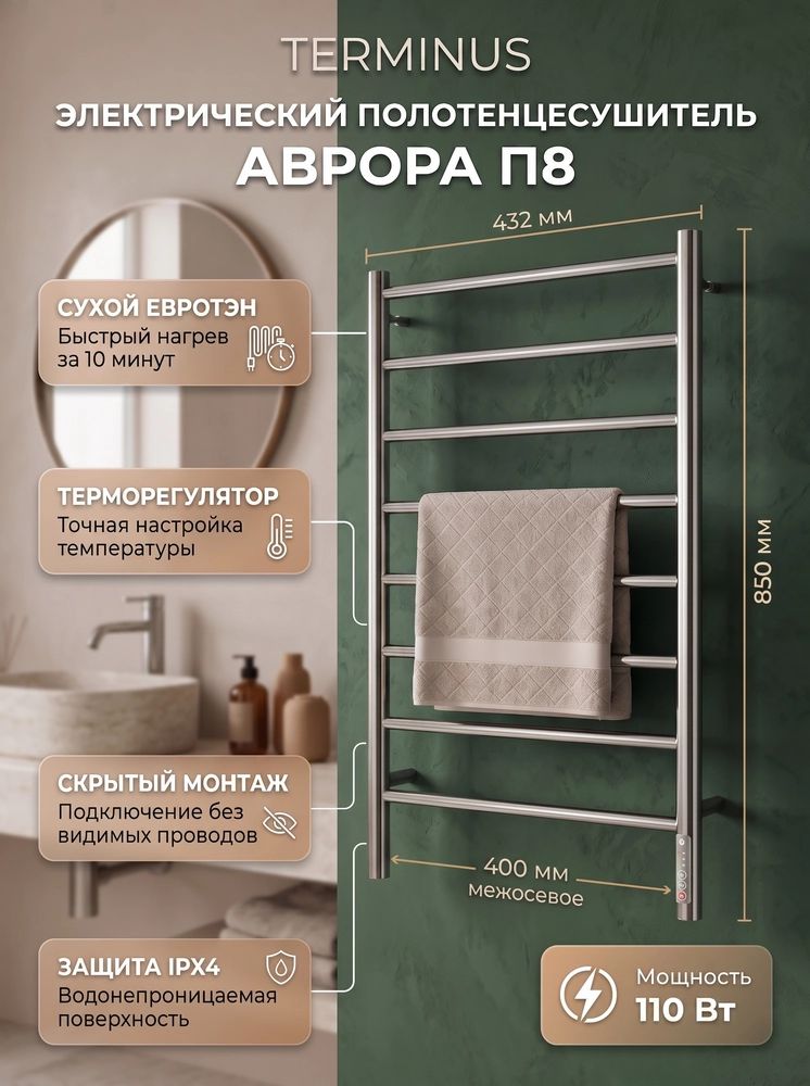 Полотенцесушитель электрический Terminus Аврора П8 400*850 из нержавеющей стали, с терморегулятором, лесенка, 43,2 см, кабельный (с кабелем), 110 Вт