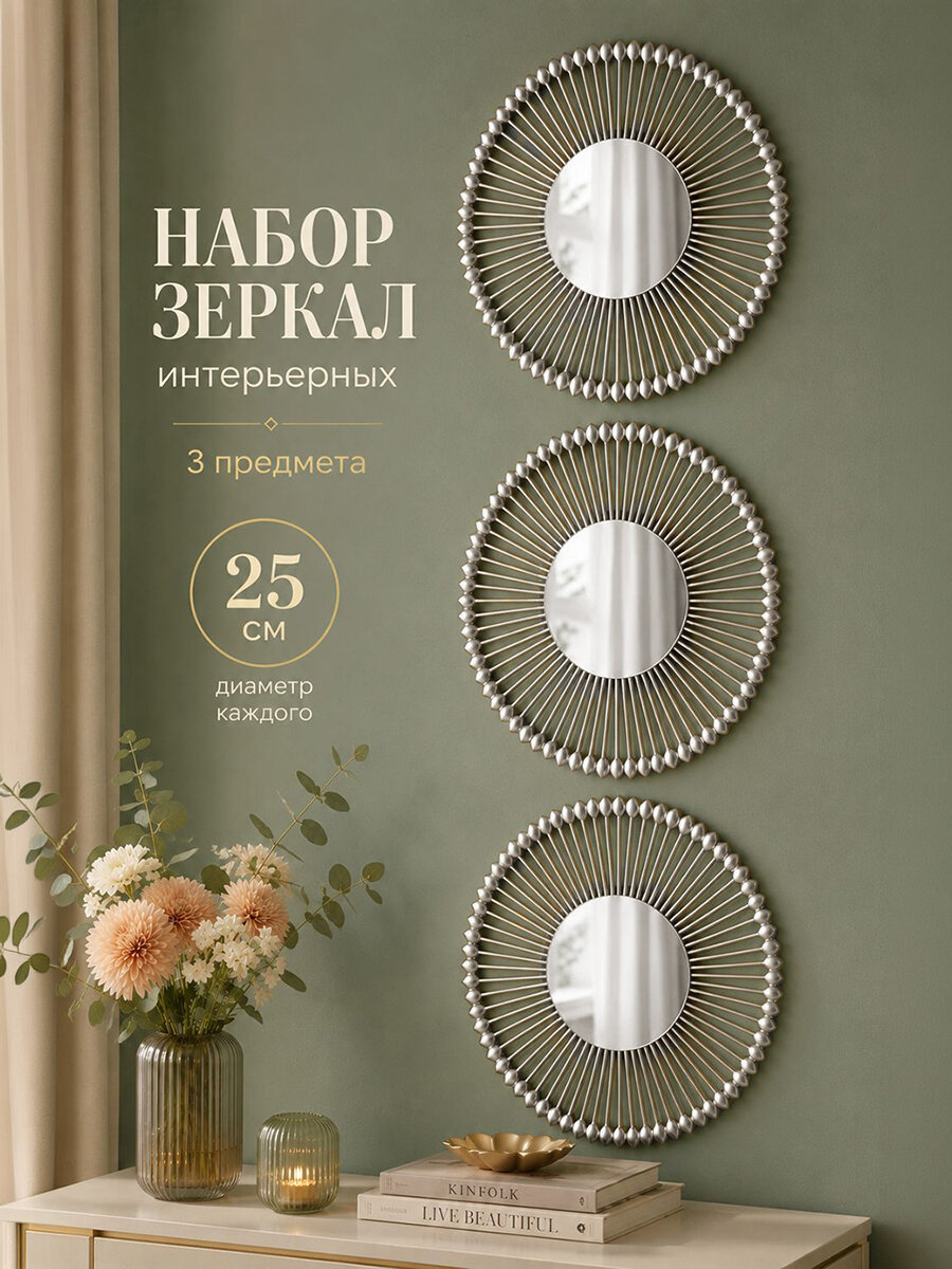 Зеркало настенное интерьерное 3 предмета ELCASA 25х25х1,2 см круглый, пластик, набор