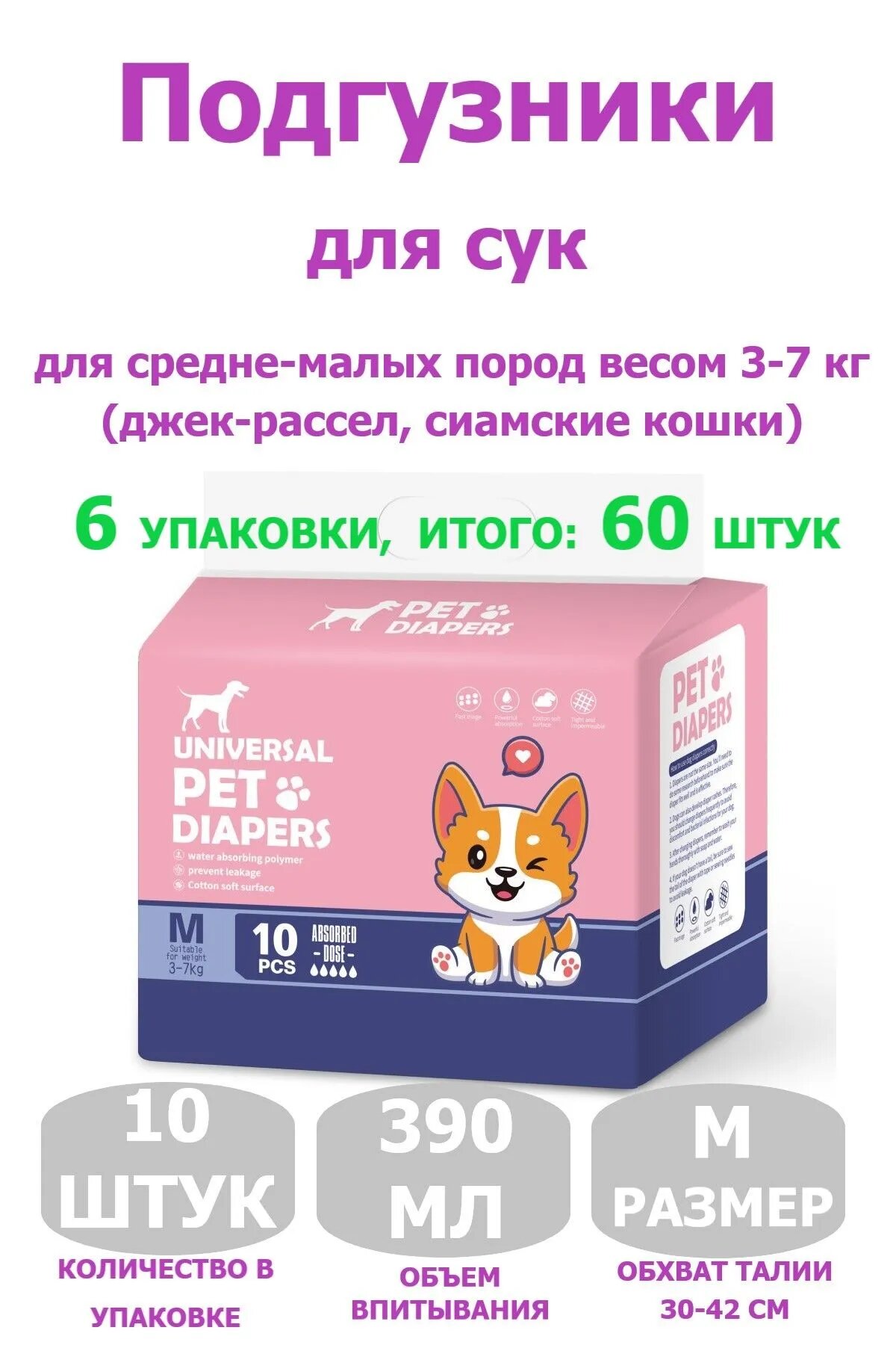 Одноразовые впитывающие трусики-подгузники для сук собак и кошек, размер M (3-7 кг), 60 шт