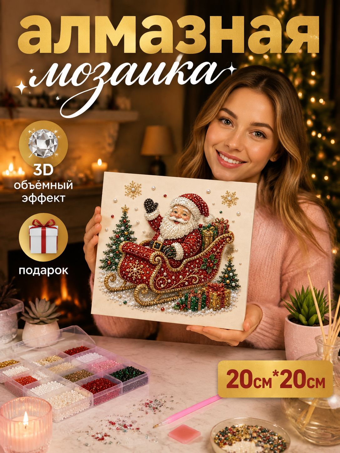 Алмазная мозаика на подрамнике 200x200 мм с круглыми стразами, цвет рамы белый, новогодний декор для дома