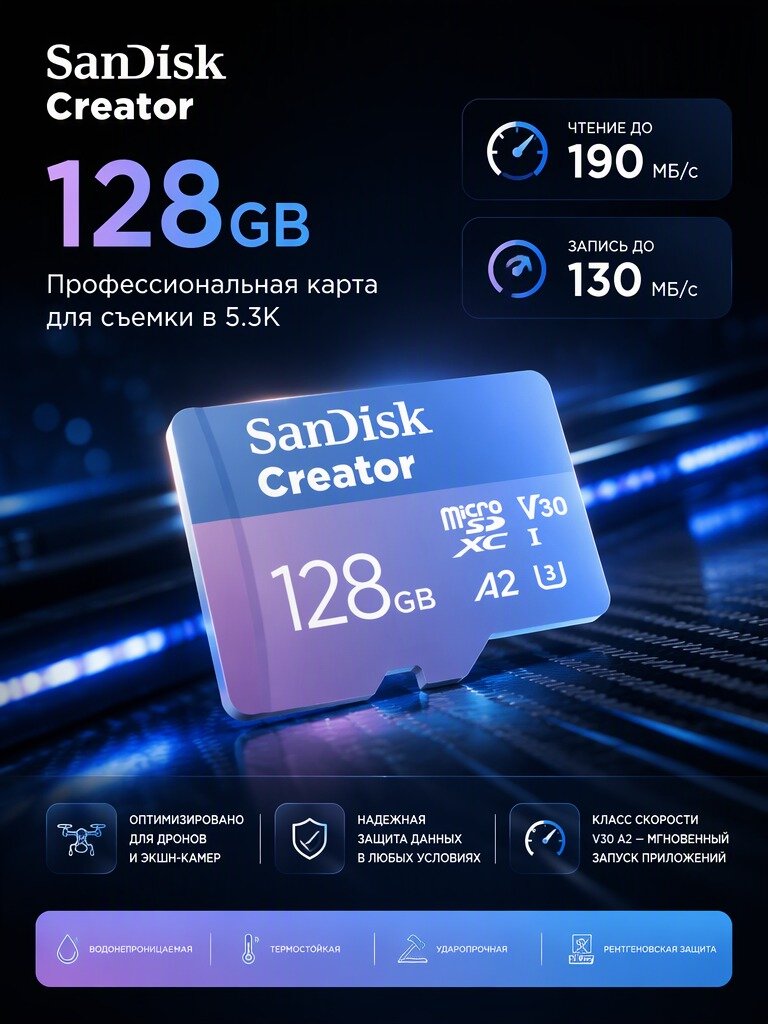 Карта San-Disk Creator 128ГБ microSD, чт 190МБ/с, зап 90МБ/с, V30 A2, для дрона, экшн-камер, запись 5.3K