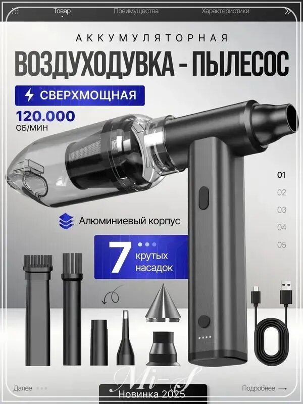 Воздуходувка аккумуляторная/ компрессор воздушный/ турбовентилятор 120000 об/МИН турбо вентилятор 8000 мАч