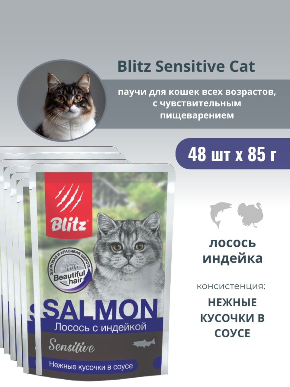 BLITZ консервированный влажный корм Sensitive Adult Cat для кошек всех пород (лосось с индейкой) полнорационный, 2 упаковки (48 шт по 85 г)