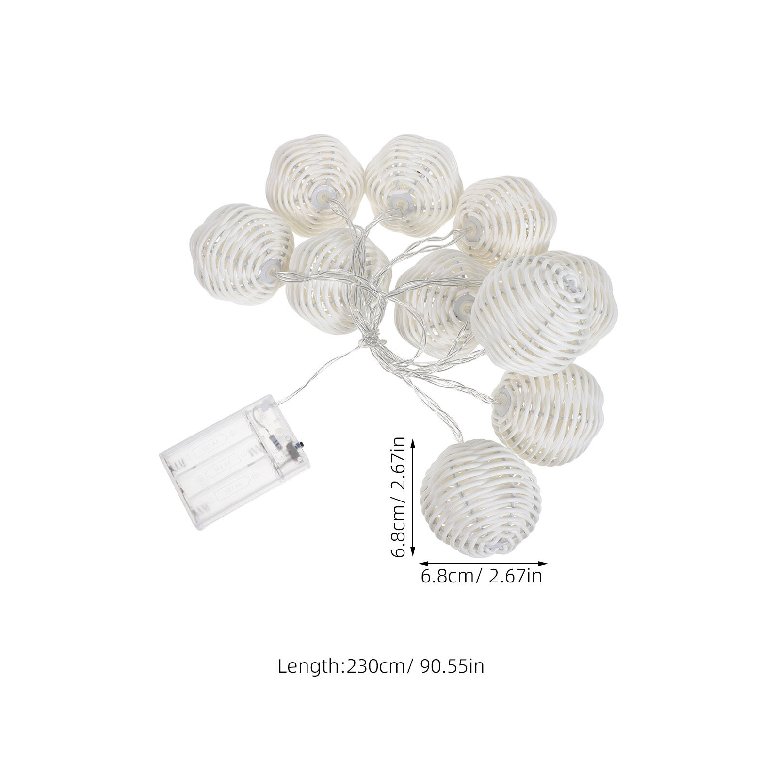 Гирлянда из светящихся ротанговых шаров с 10 led, белая, на батарейках для декора