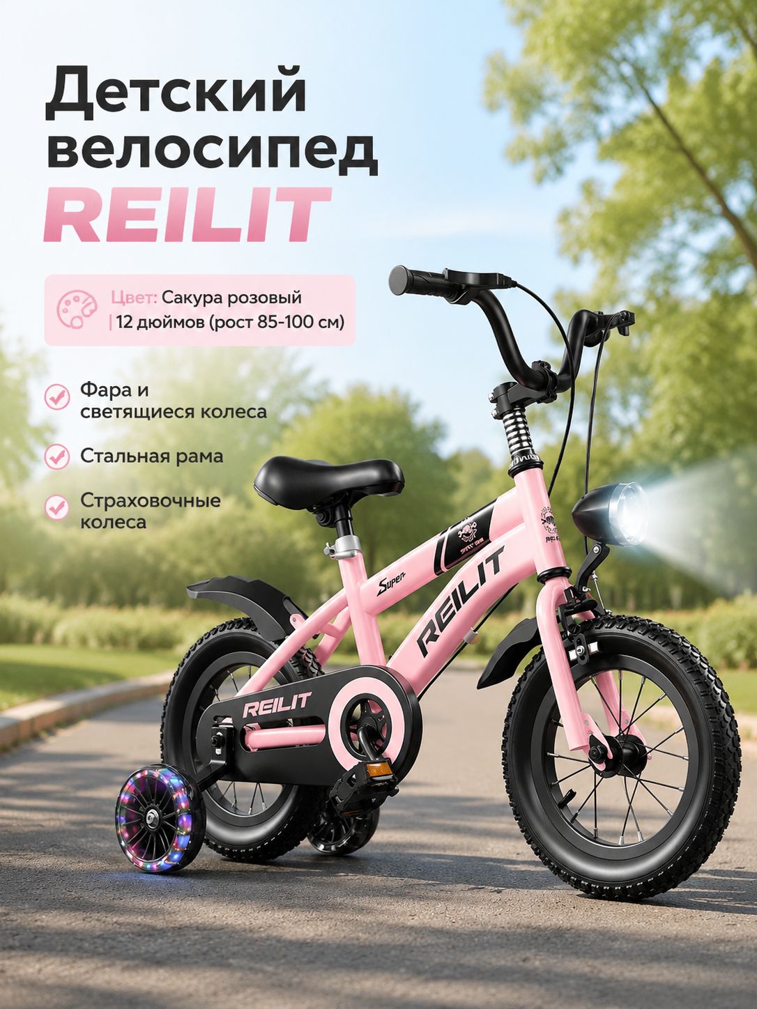 Детский велосипед с фарой и боковыми колесами, 12 дюймов, розовый, для детей ростом 85-100 см