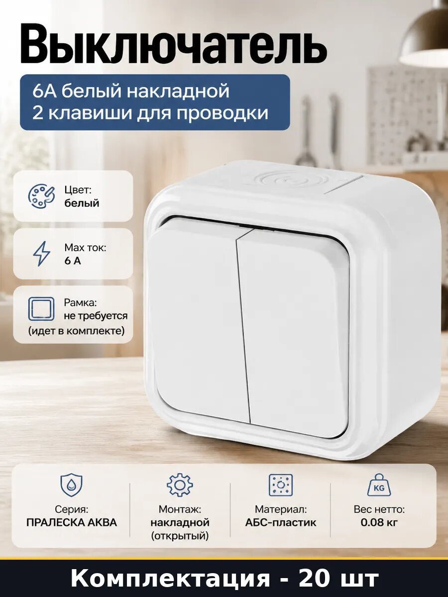 Выключатель 6А 2 клавиши открытая установка комплект 20