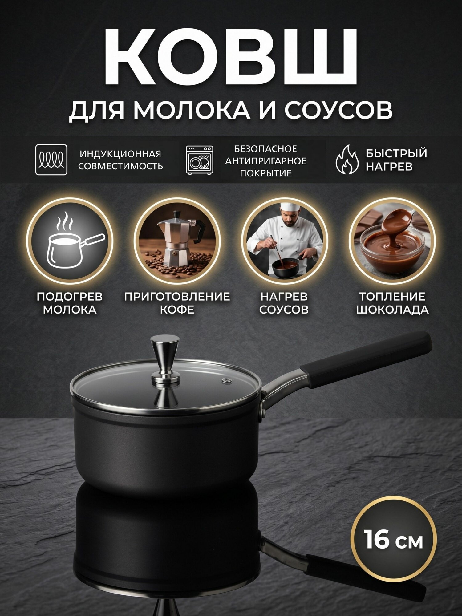 Huohou Ковш 16 см с антипригарным покрытием, с прямой ручкой и стеклянной крышкой, для молока, соусов и всех типов плит