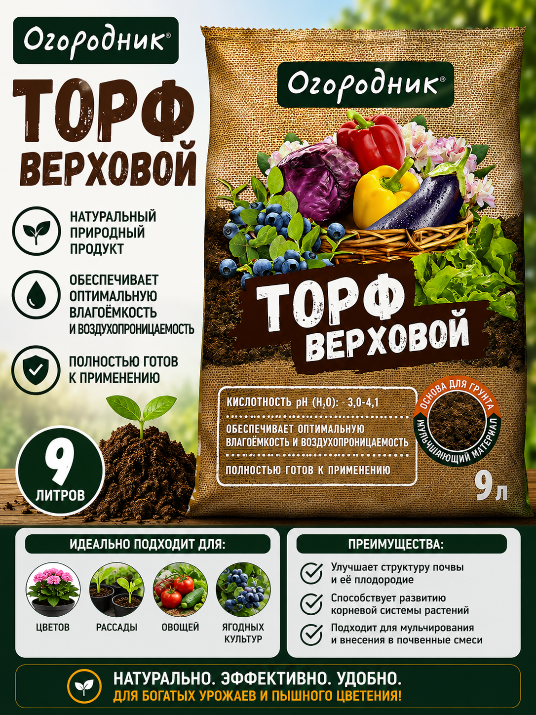 Огородник торф Верховой (9 л / 2,5 кг)