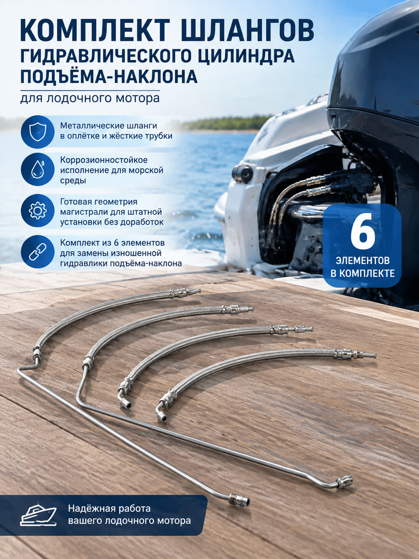 Комплект шлангов гидравлики цилиндра подъёма-наклона для лодочного мотора, 6 элементов, сталь
