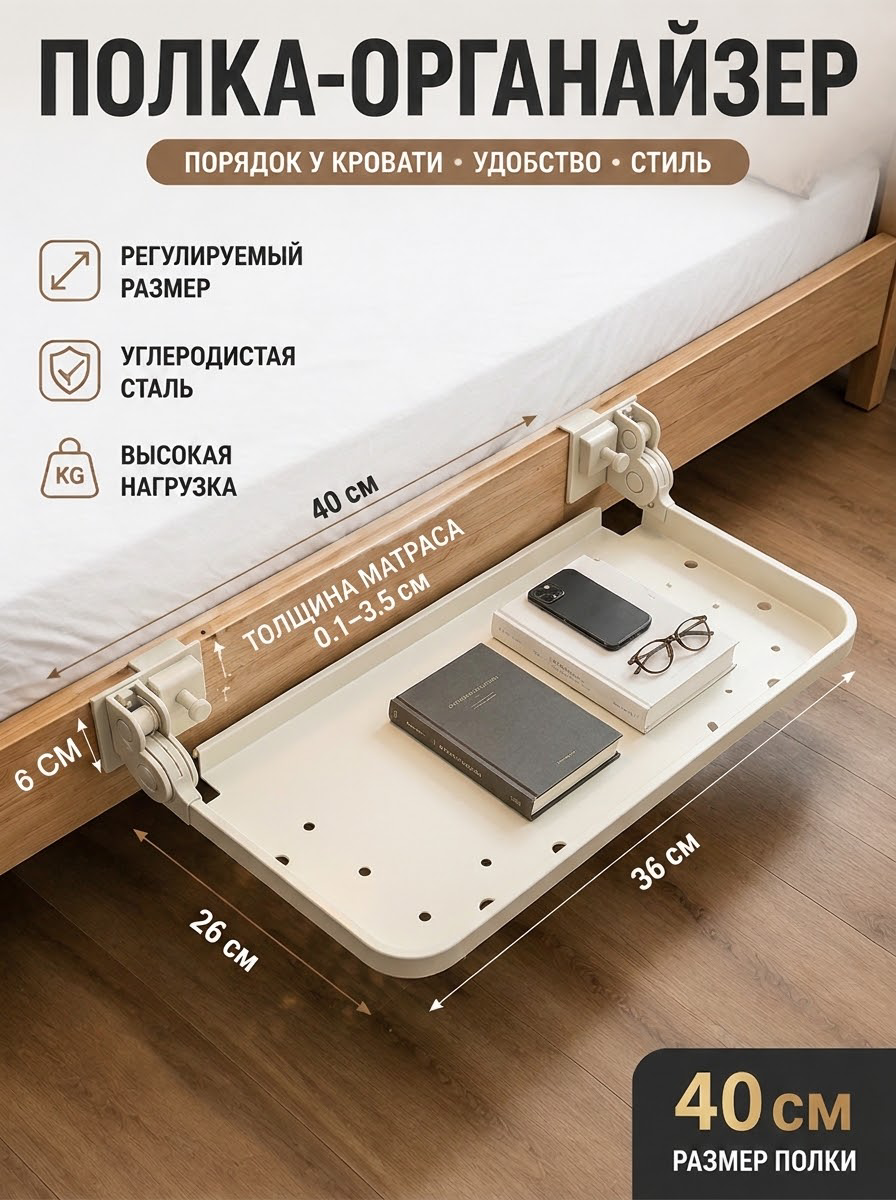 Полка‑органайзер для края кровати регулируемая, металлическая подставка для мелких вещей дома и в студенческом общежитии