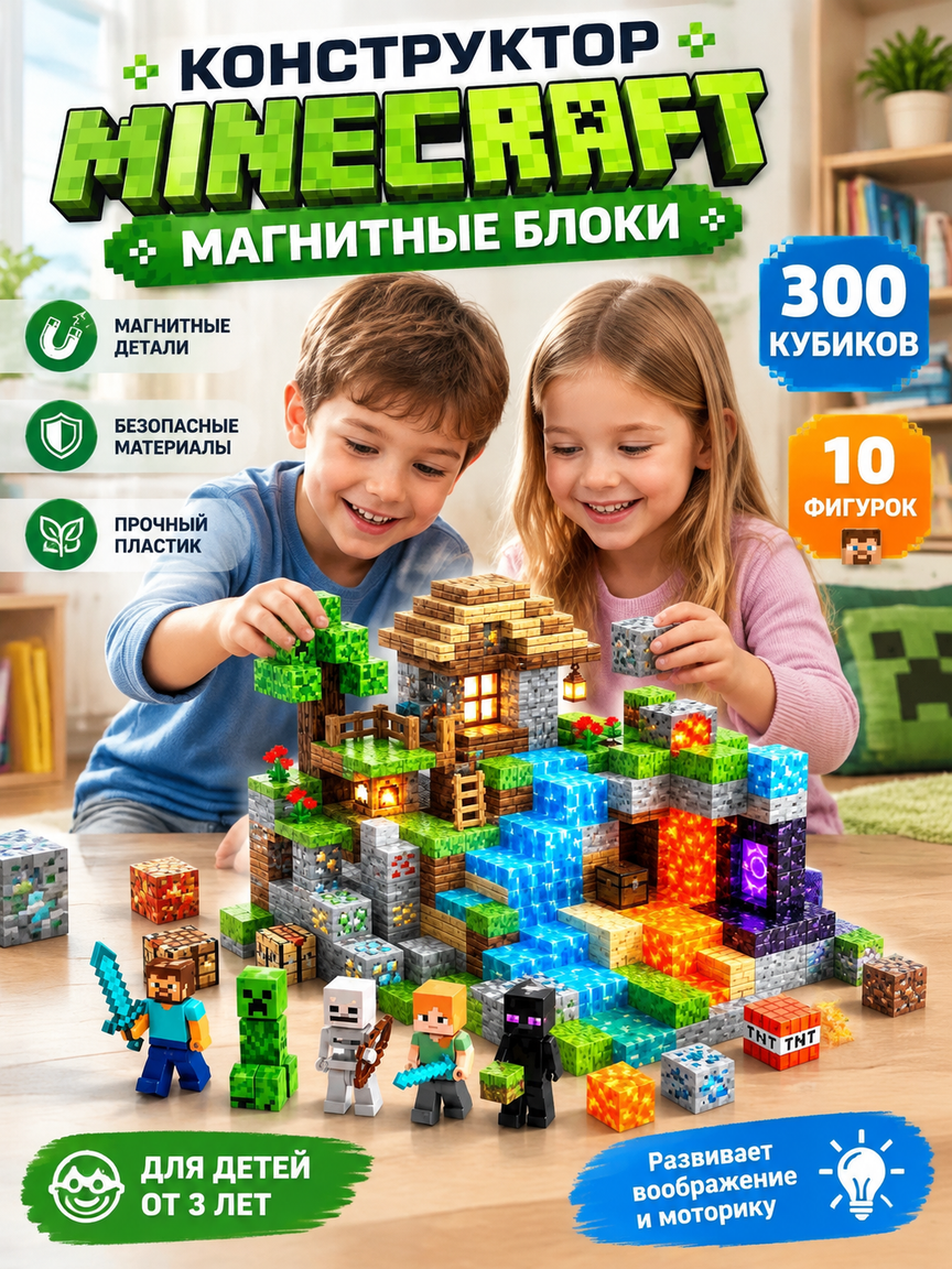 Магнитный 3D конструктор с 300 кубиками и 10 фигурками, развивающий набор для детей от 3 лет