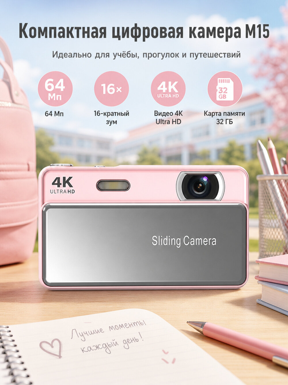 Фотоаппарат M15 розовый, 64 Мп, 16-кратный зум, видеосъёмка и карта памяти 32 ГБ для учёбы