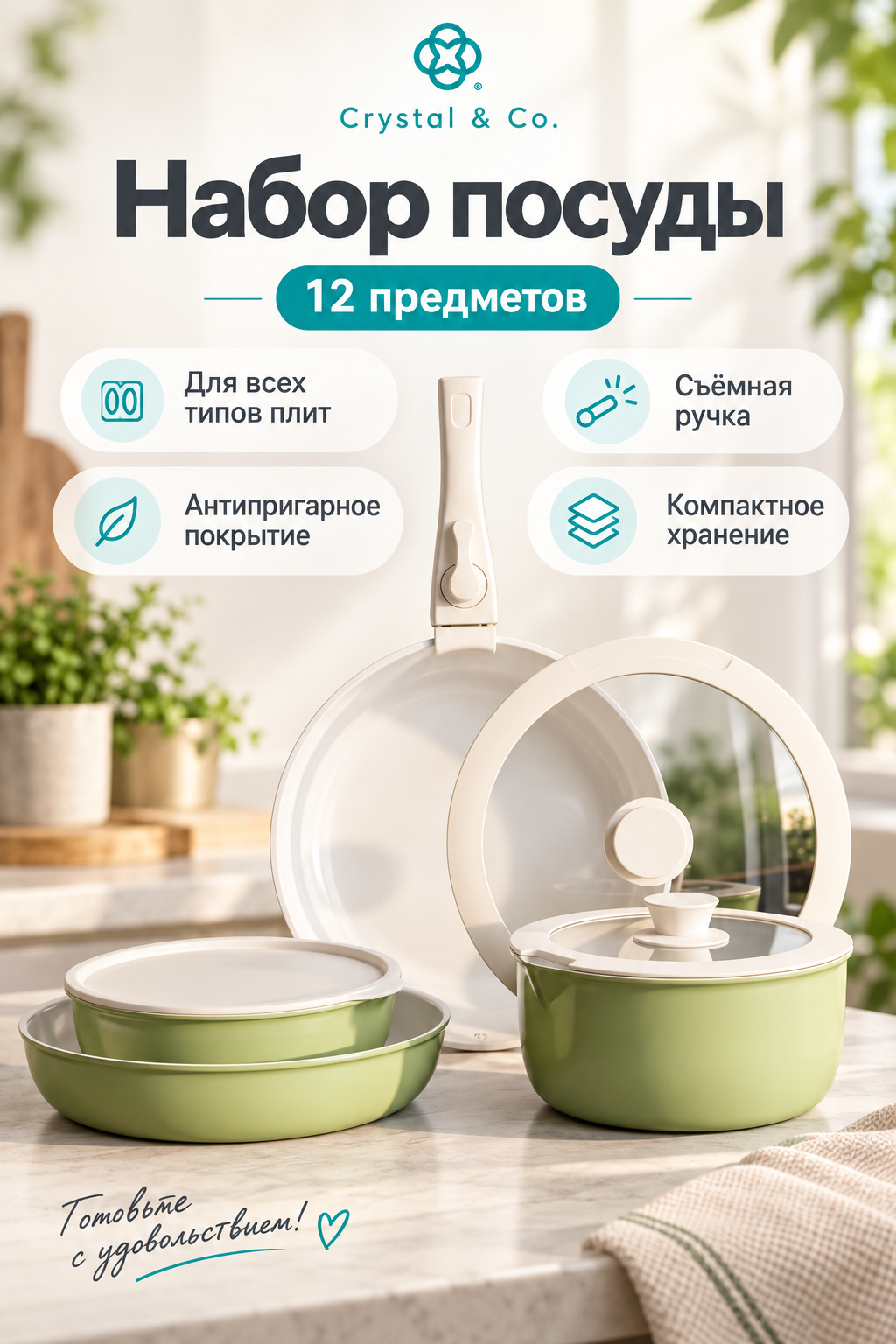 Набор посуды Crystal & Co, для всех типов плит, антипригарное покрытие, съемные ручки, зеленый