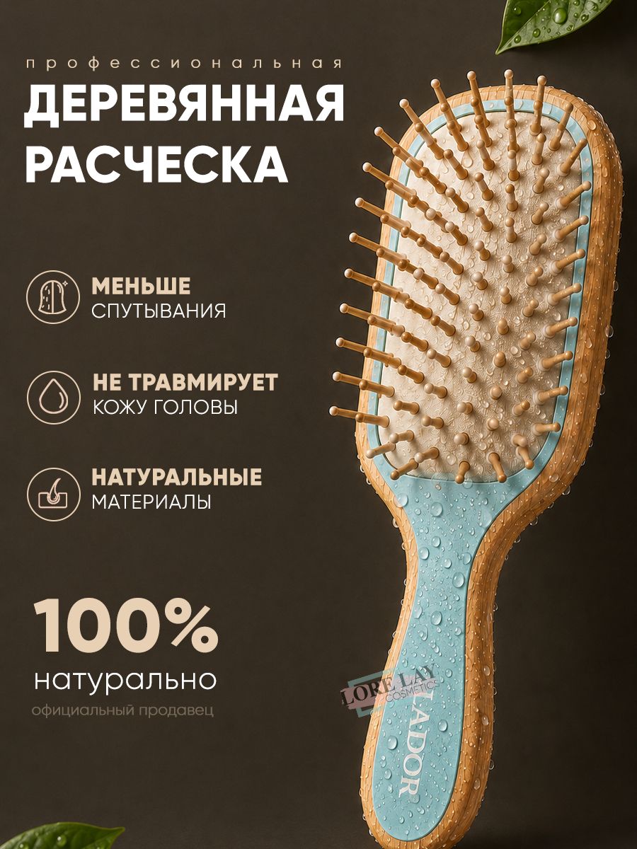 Массажная деревянная расческа для волос Lador (Ладор) Detangling Paddle Hair Brush (Blue), 18 х 6 х 3 см
