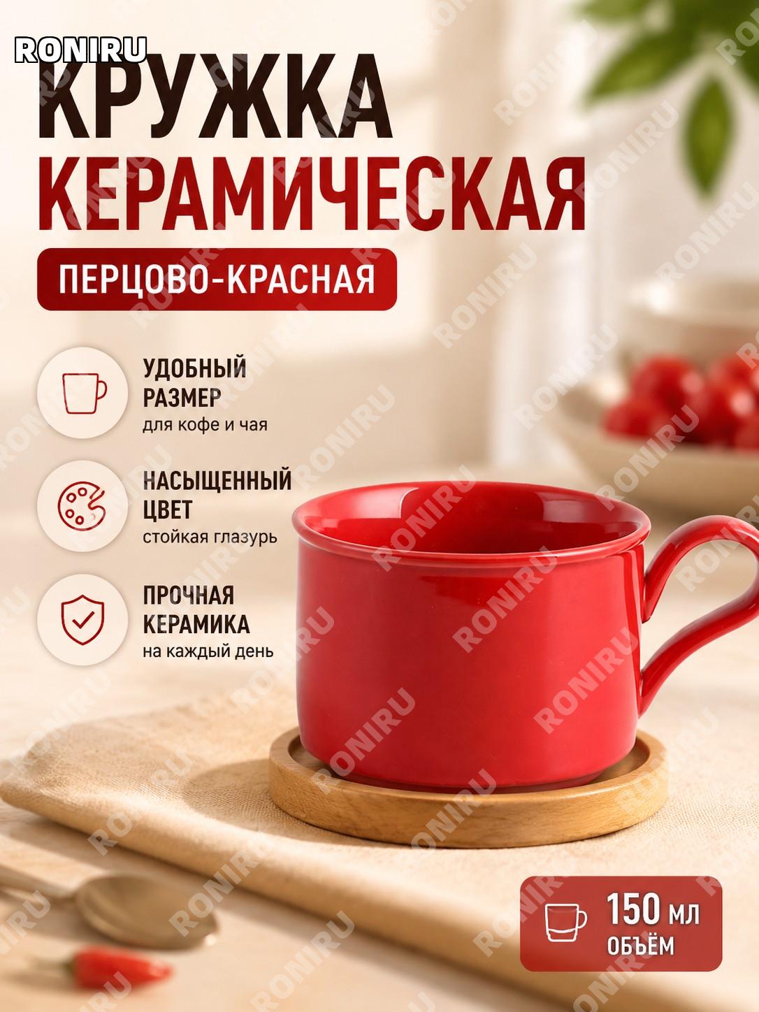 Кружка Hertz, чили-красная с подставкой >150 мл, керамическая чашка для кофе и напитков, завтрак дома минимализм