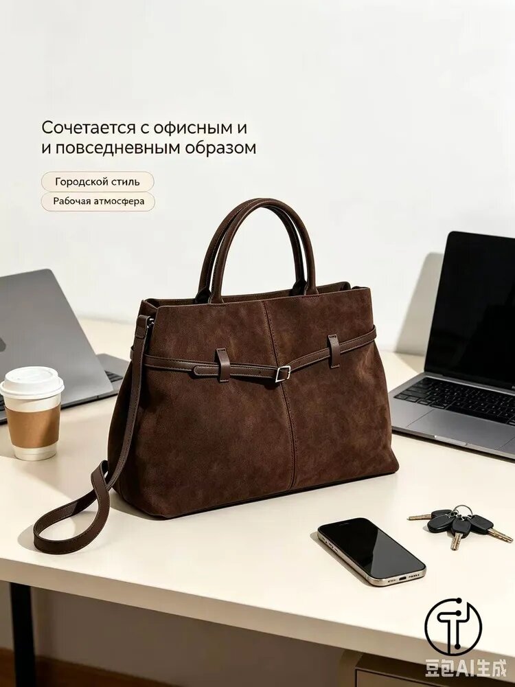 Сумка женская из экозамши и экокожи, цвет темный шоколад, с плечевым ремнем — фото 1