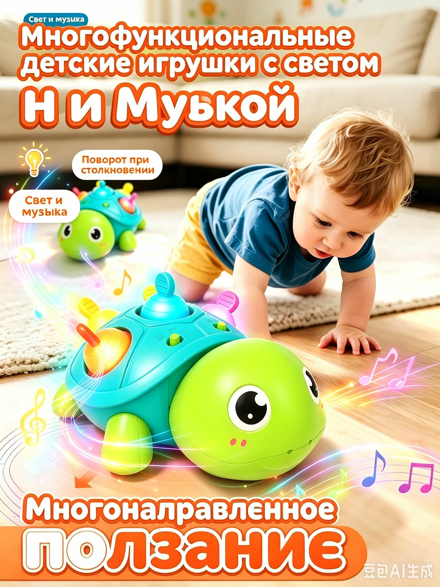 Музыкальная развивающая черепаха, интерактивная игрушка для детей от 1 года, со звуками и мелодиями