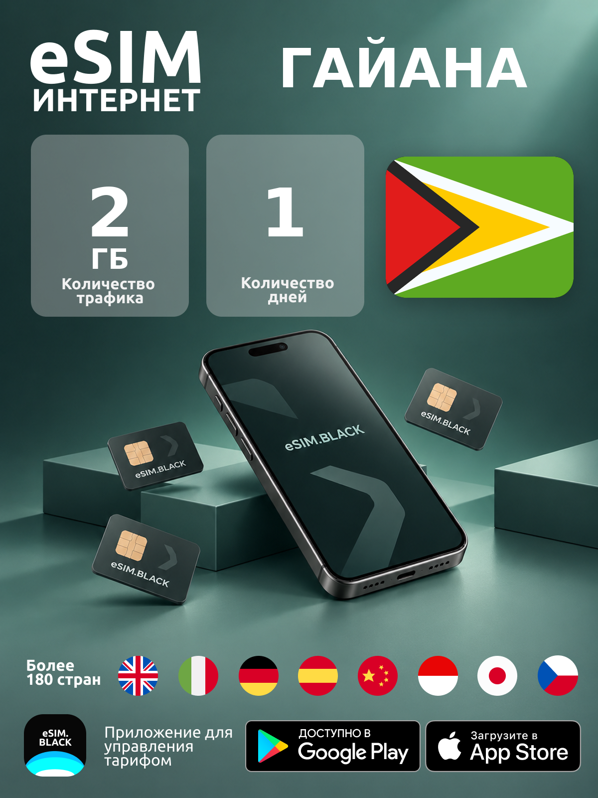 Гайана/1 день/2 ГБ - eSIM для мобильного интернета ( iPhone | Android ).