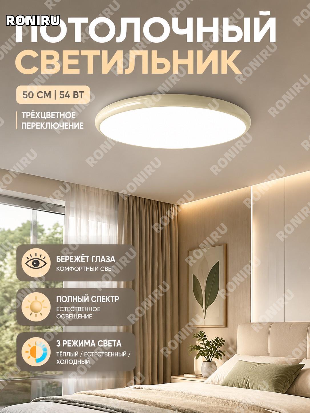 Потолочный светильник 50 см с полным спектром, молочный круглый светильник 3 цвета свечения PVC для спальни дома