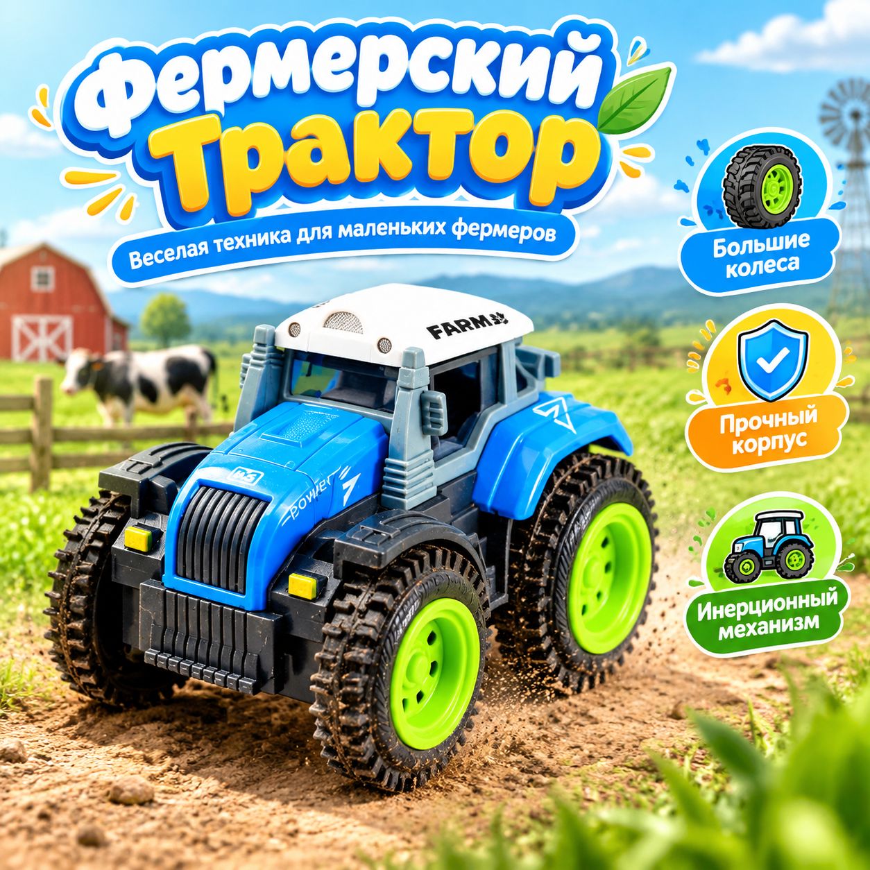 Игрушечный фермерский трактор, инерционная машинка с большими колёсами, прочный корпус для детей