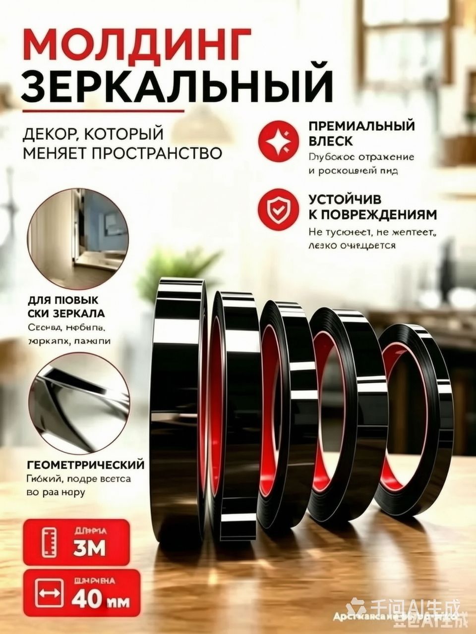 Зеркало черное шириной 4,0 см/длиной 3 метра