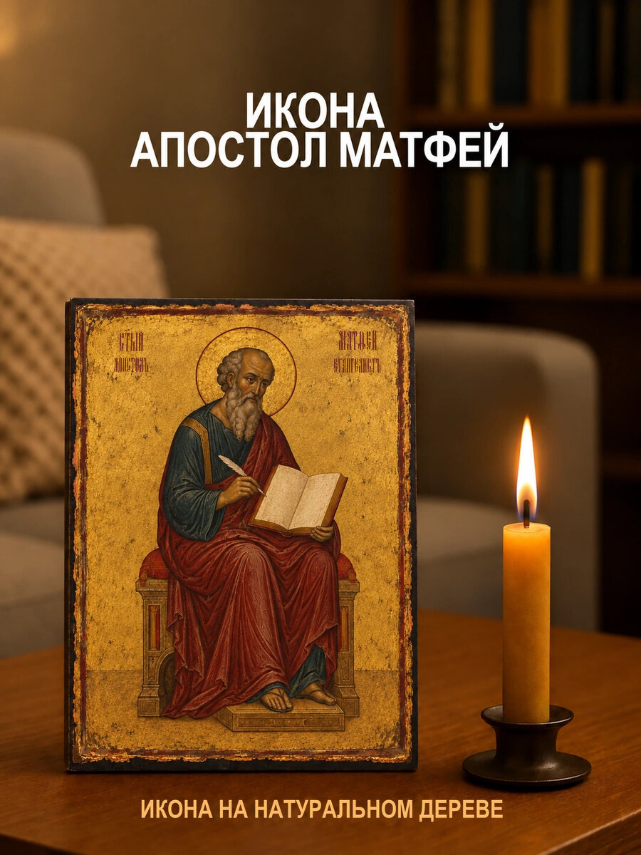 Икона «Апостол Матфей» на натуральном дереве, 15×18 см, состаренное исполнение