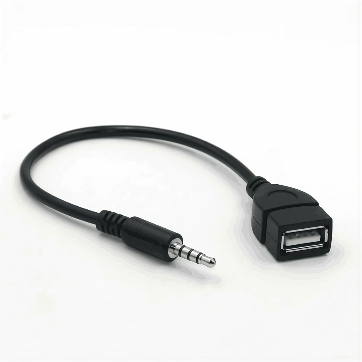 Кабель 20 сантиметров переходник 3.5 мм на USB женский для автомобильной системы AUX OTG для подключения флеш накопителя чёрного цвета стабильная передача сигнала