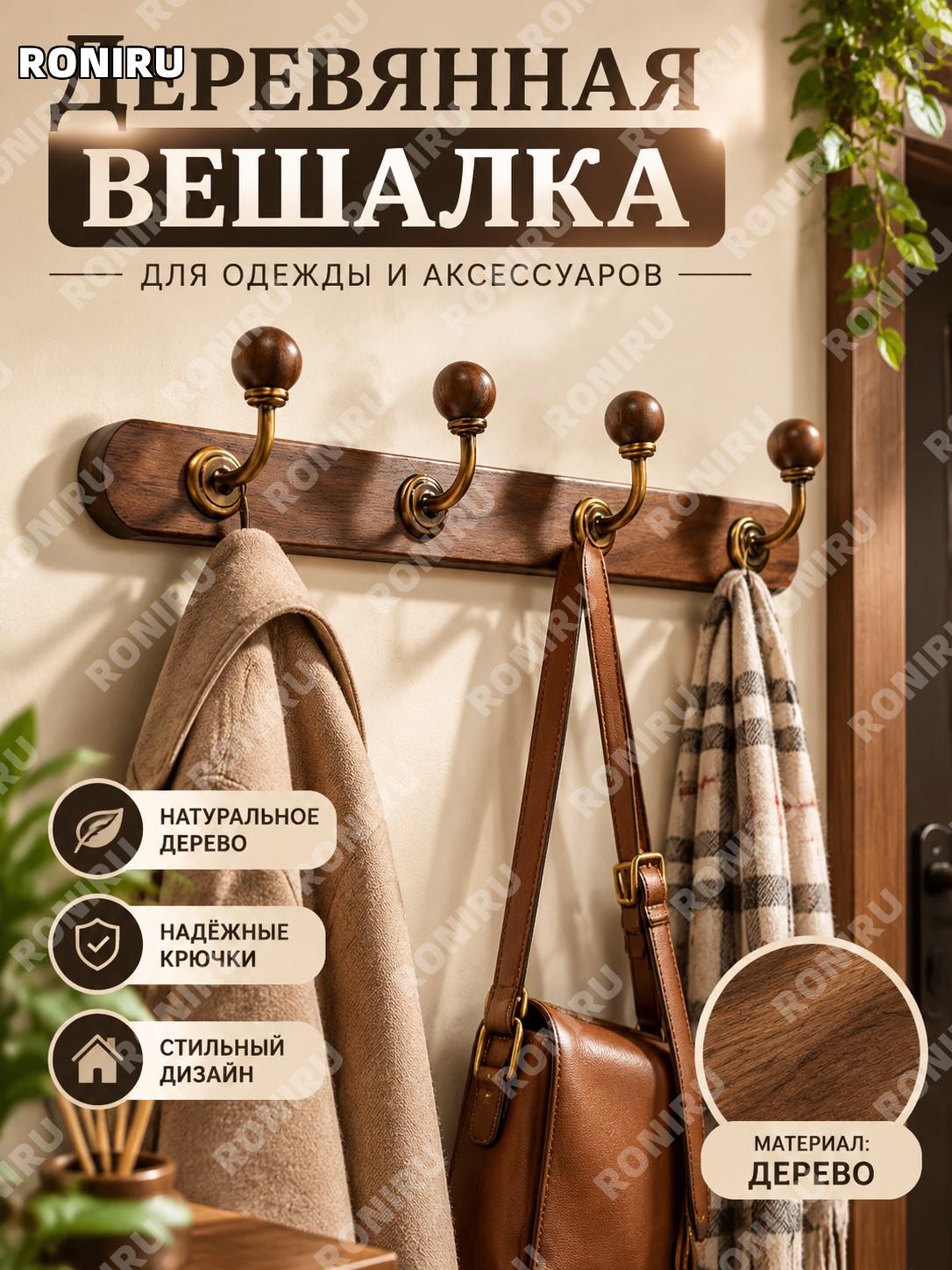 Настенная деревянная вешалка крючки для одежды 4 крючка цвет орех бронзовый для прихожей и интерьера дома уют!